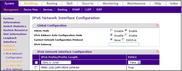 How do I configure the IPv6 network interface using the web interface on my managed switch ...